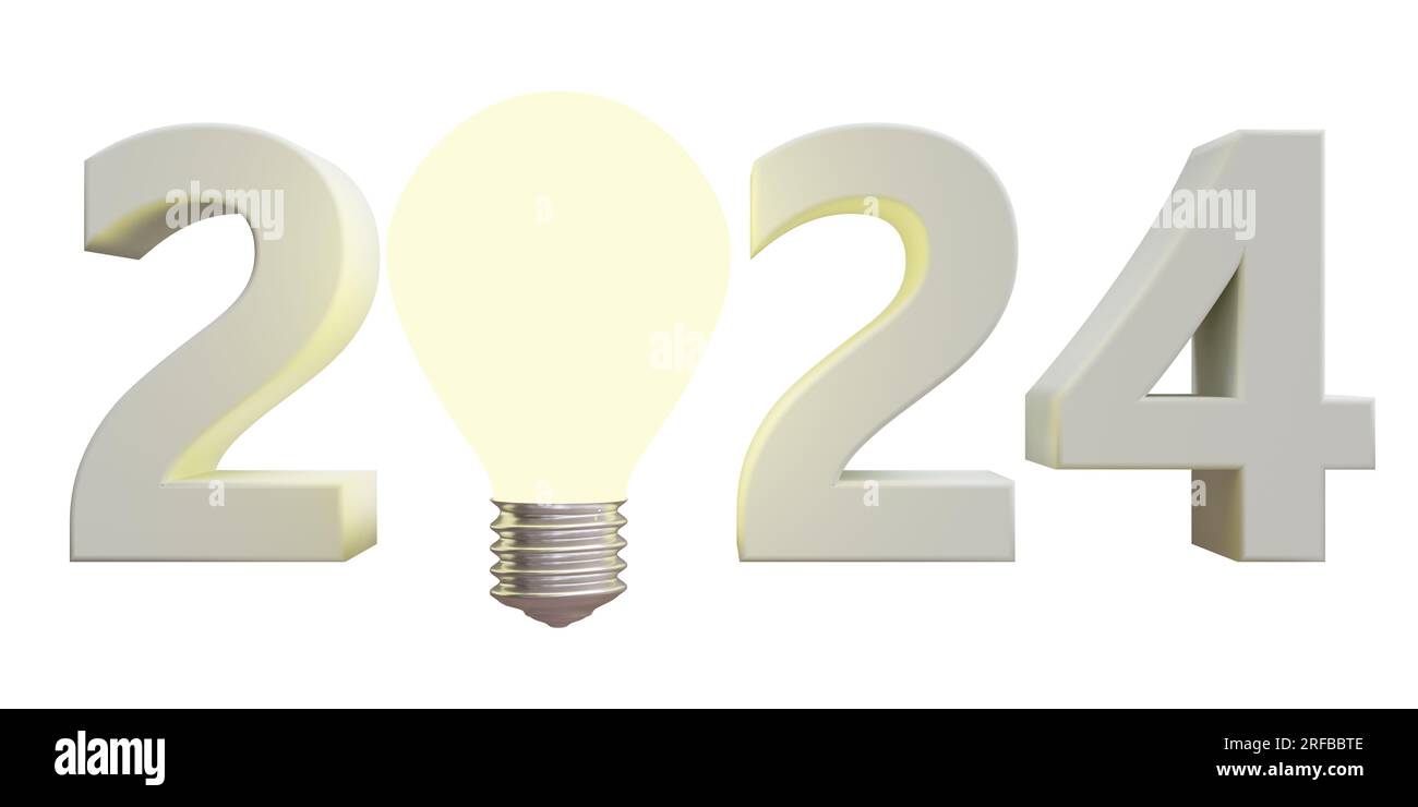2024 and white bulb illuminated isolated on whgite 3d render Stock ...