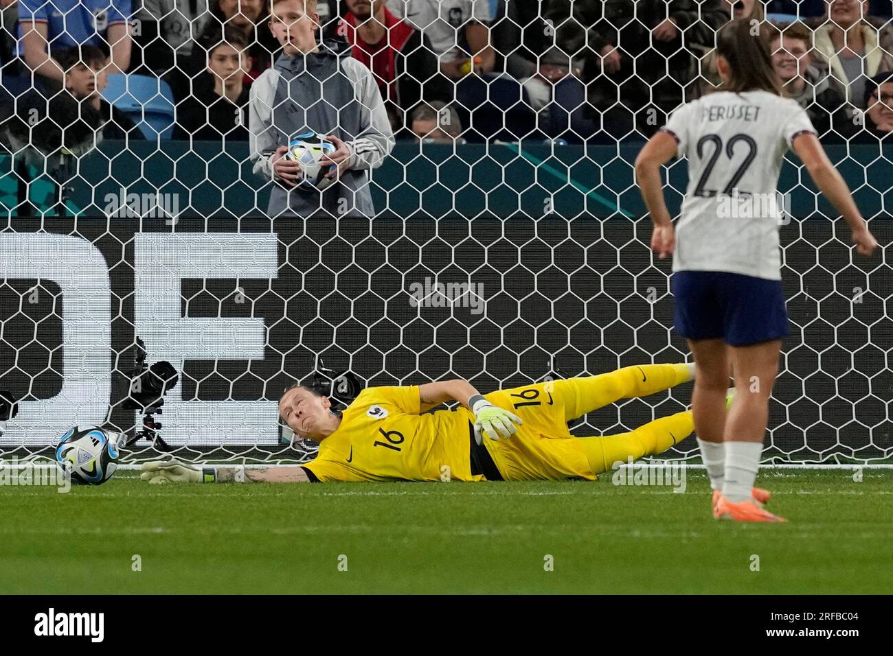 France's goalkeeper Pauline Peyraud-Magnin makes a save during the ...