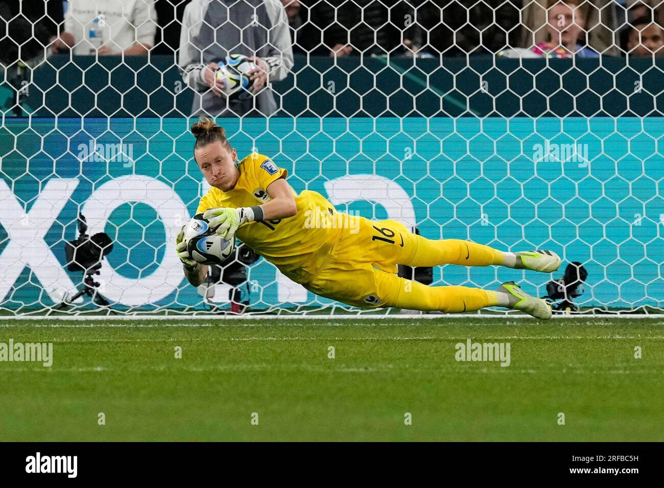 France's goalkeeper Pauline Peyraud-Magnin makes a save during the ...