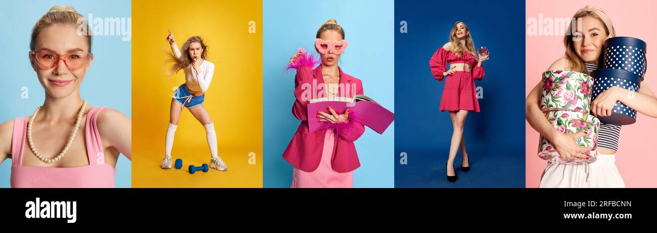 Photo set collage made of portraits of emotional young woman in diverse ...