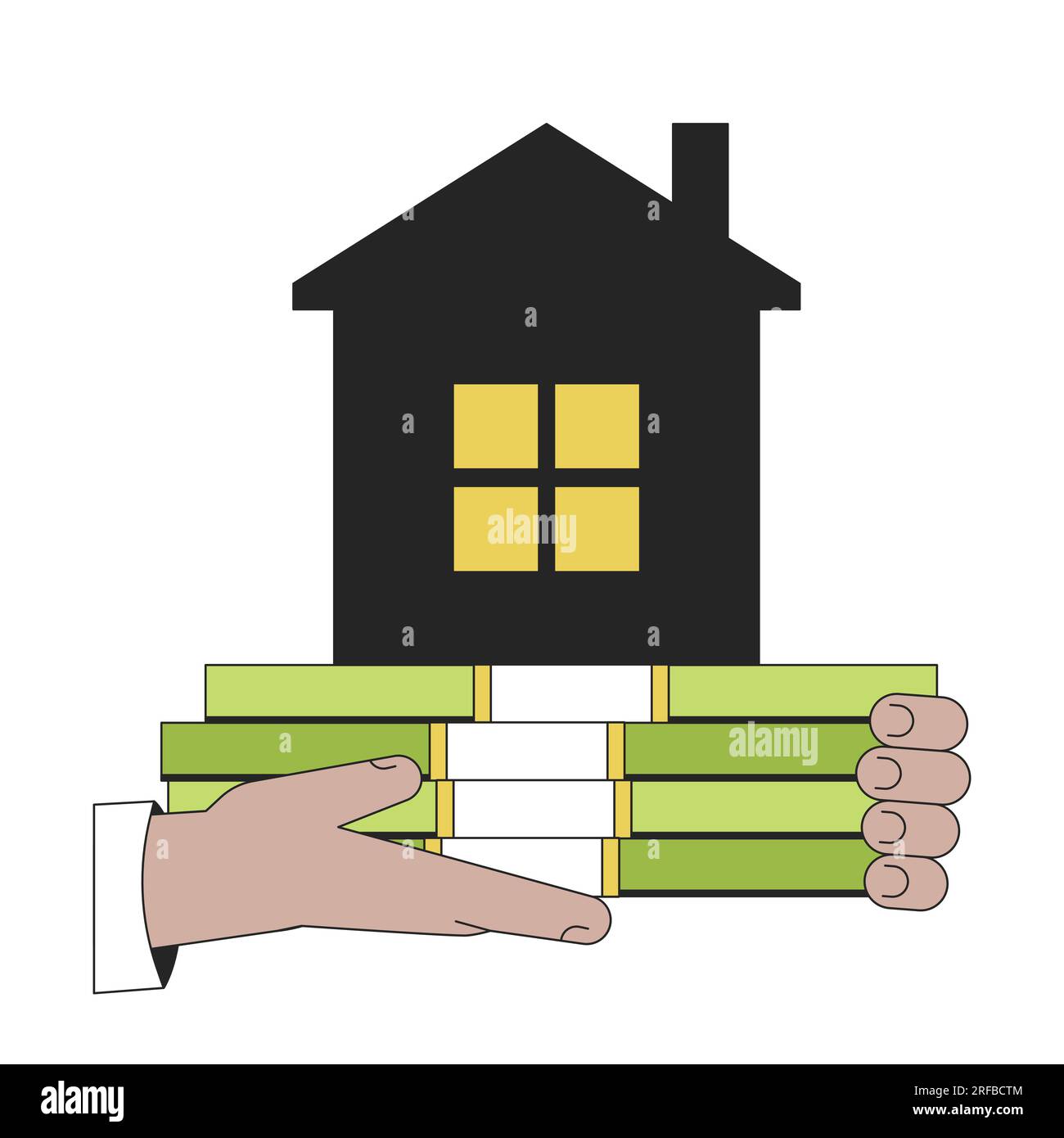 Hands holding cash ond house flat line color isolated vector object ...