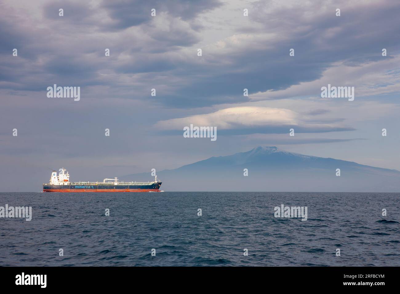 The tanker Minerva Rita passing Mount Etna as she enters the Straits of ...