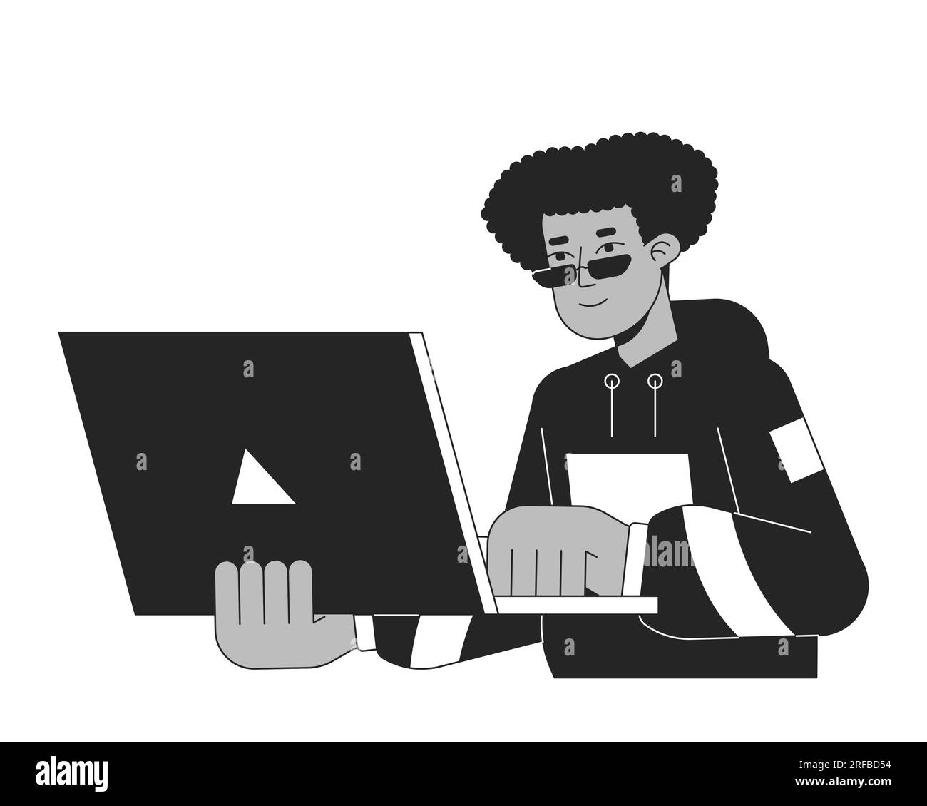 Busy latinamerican employee flat line black white vector character ...