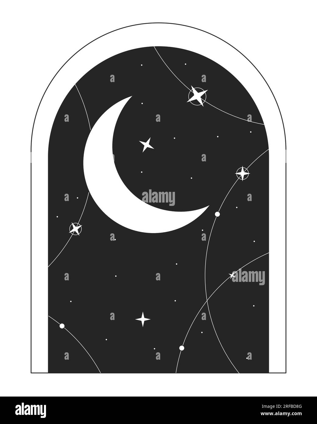 Galaxy door frame with crescent moon flat monochrome isolated vector ...