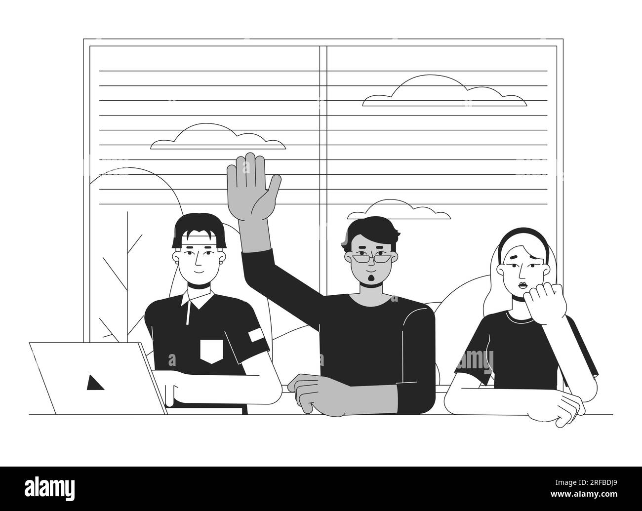 Diverse college students in classroom bw vector spot illustration Stock ...