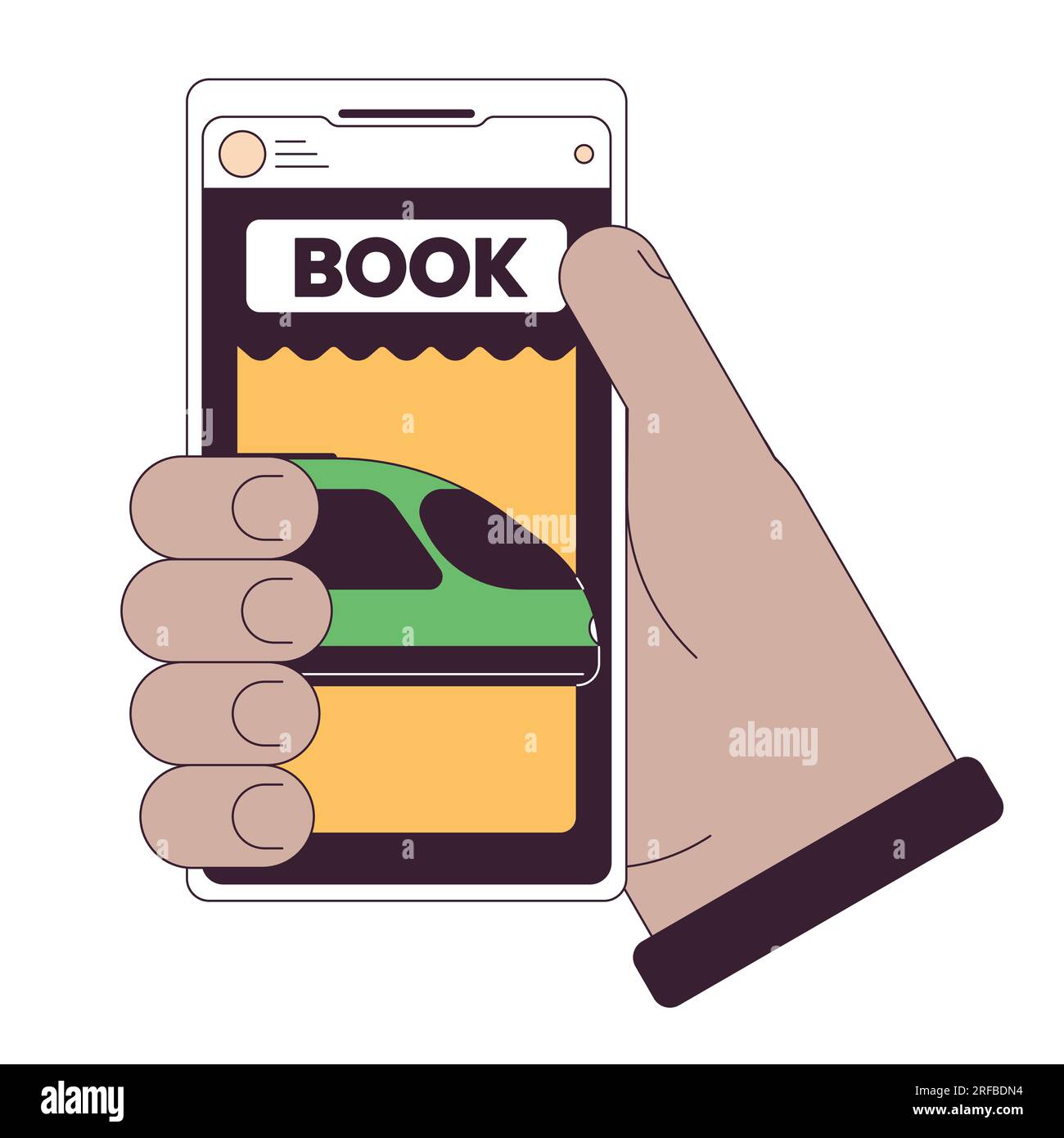 Holding smartphone for buying tickets flat line concept vector spot ...