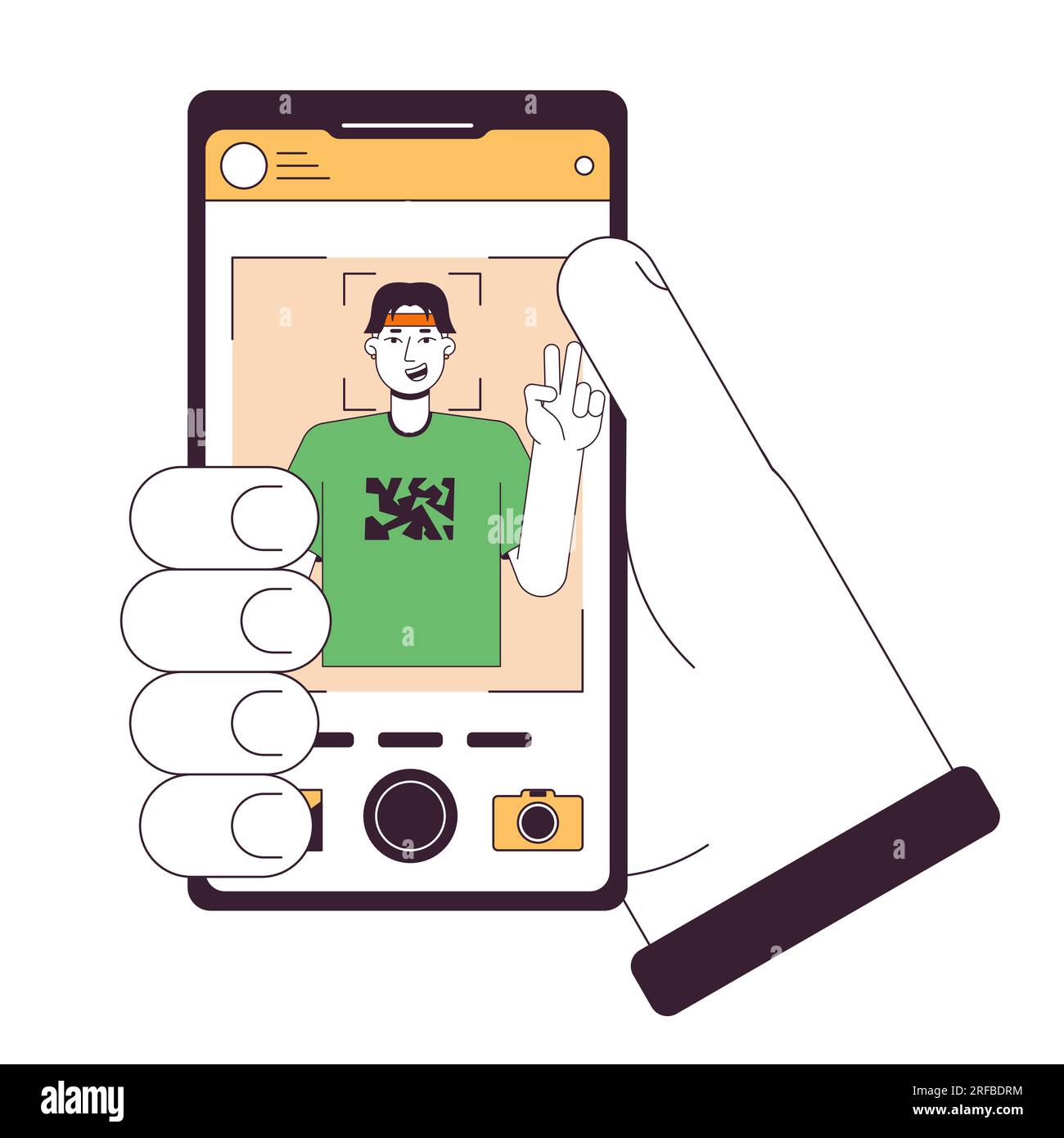 Holding smartphone with photo flat line concept vector spot ...