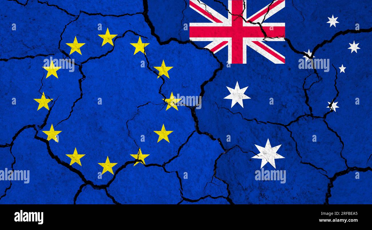 Flags of European Union and Australia on cracked surface - politics ...