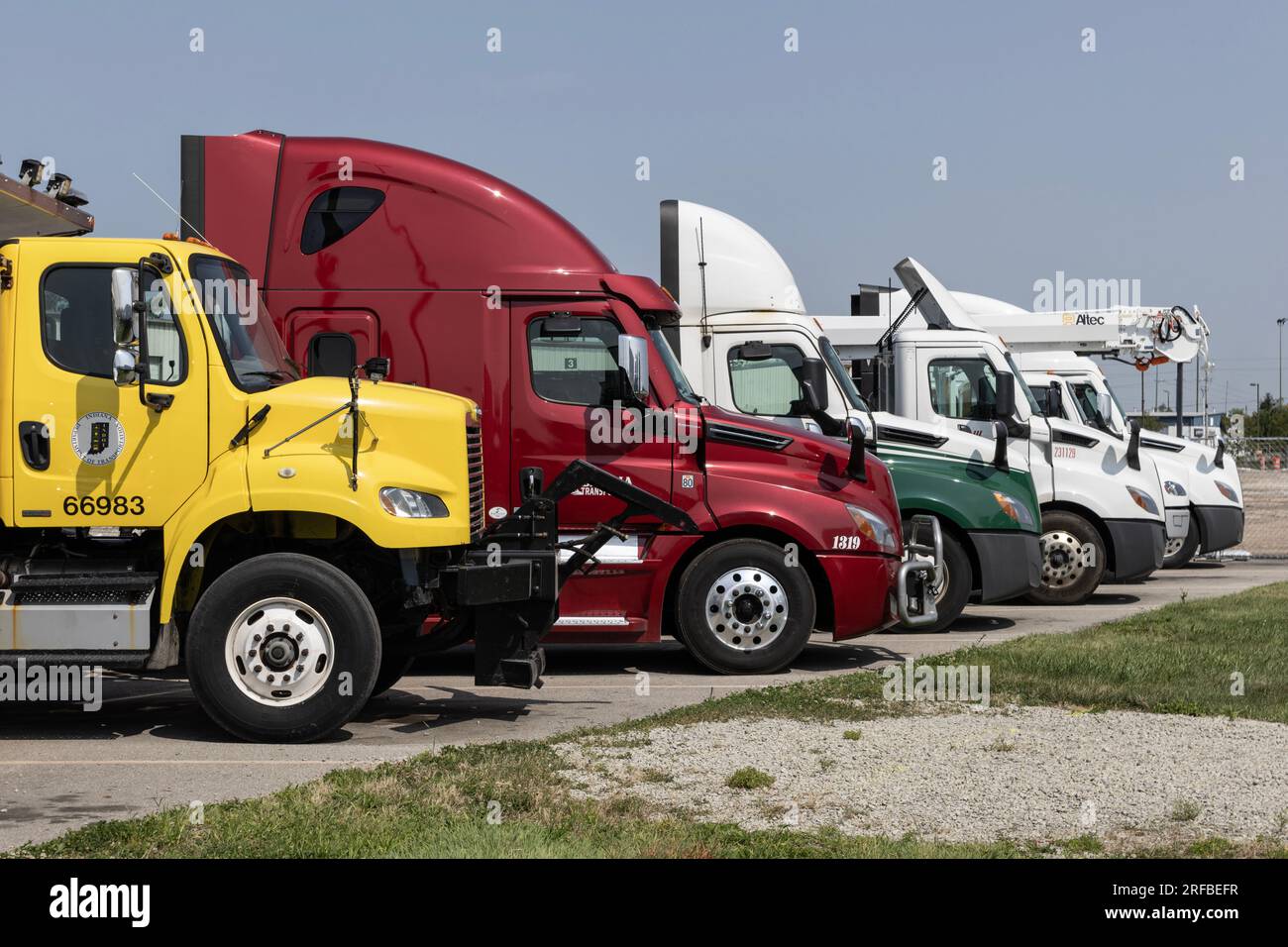 Indianapolis - August 1, 2023: Various Freightliner trucks on display ...
