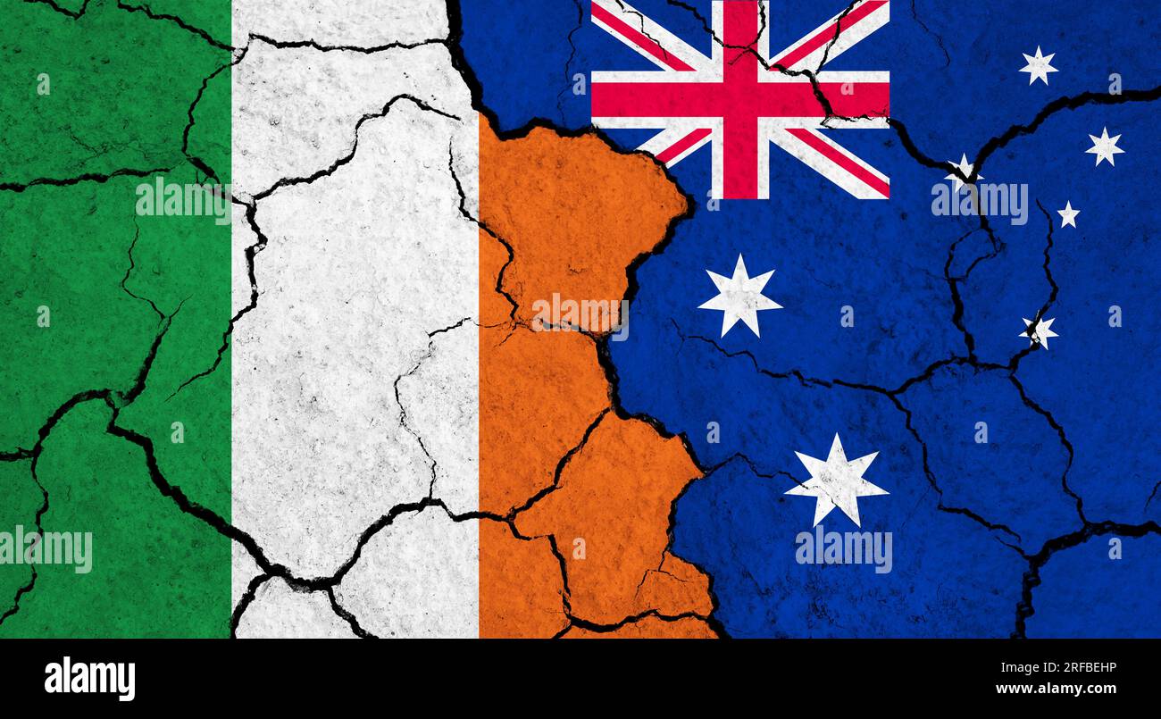 Flags of Ireland and Australia on cracked surface - politics ...