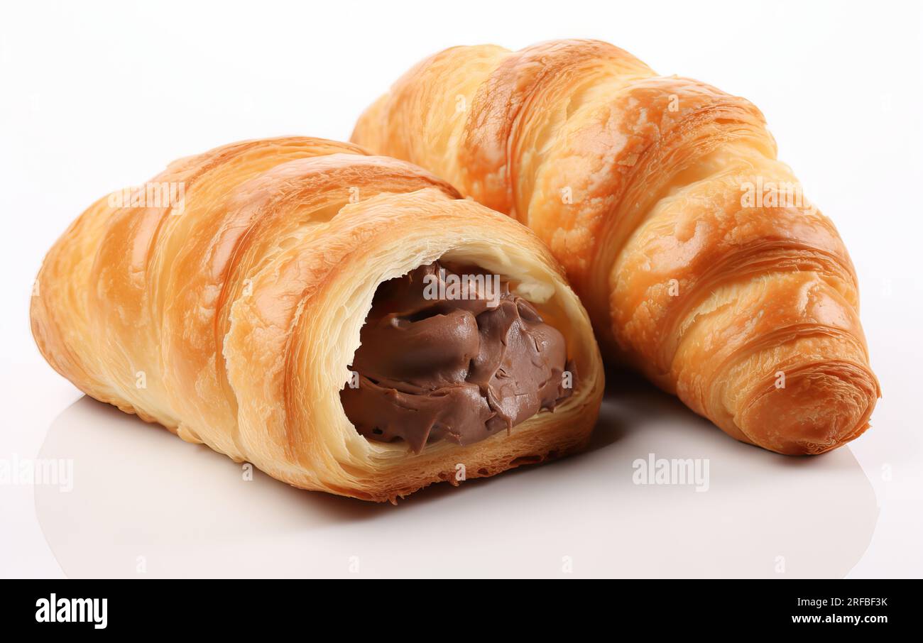 Delicious fresh croissant with chocolate filling isolated on white ...