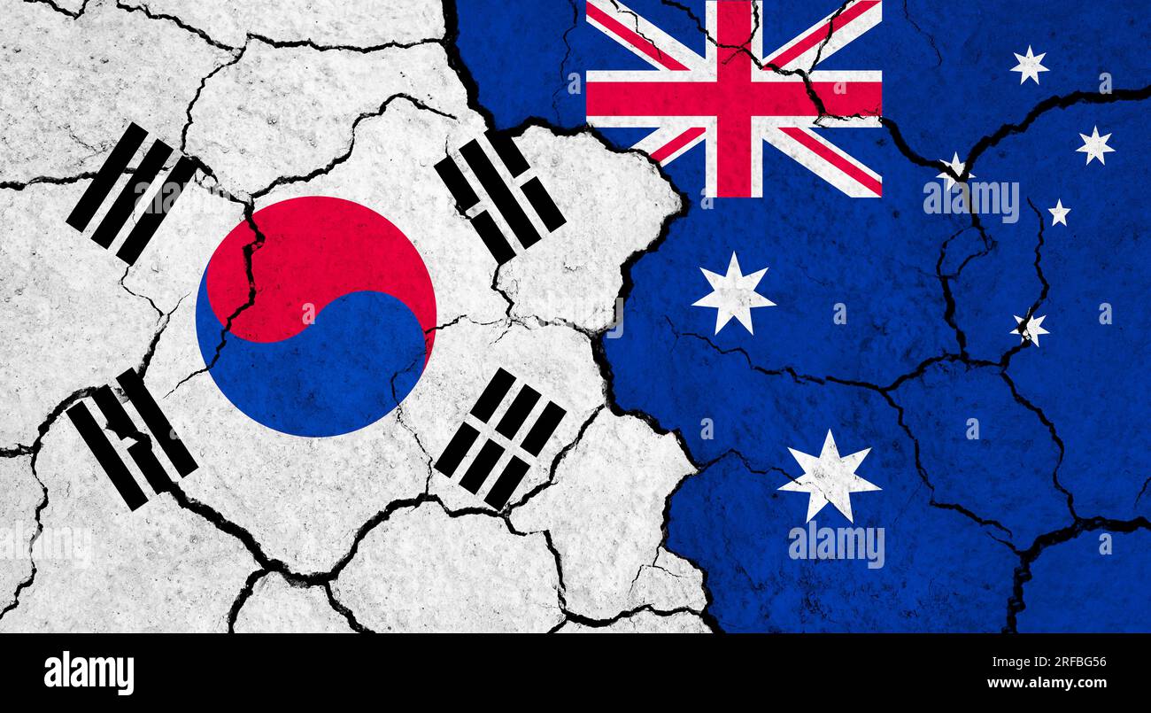 Flags of South Korea and Australia on cracked surface - politics ...