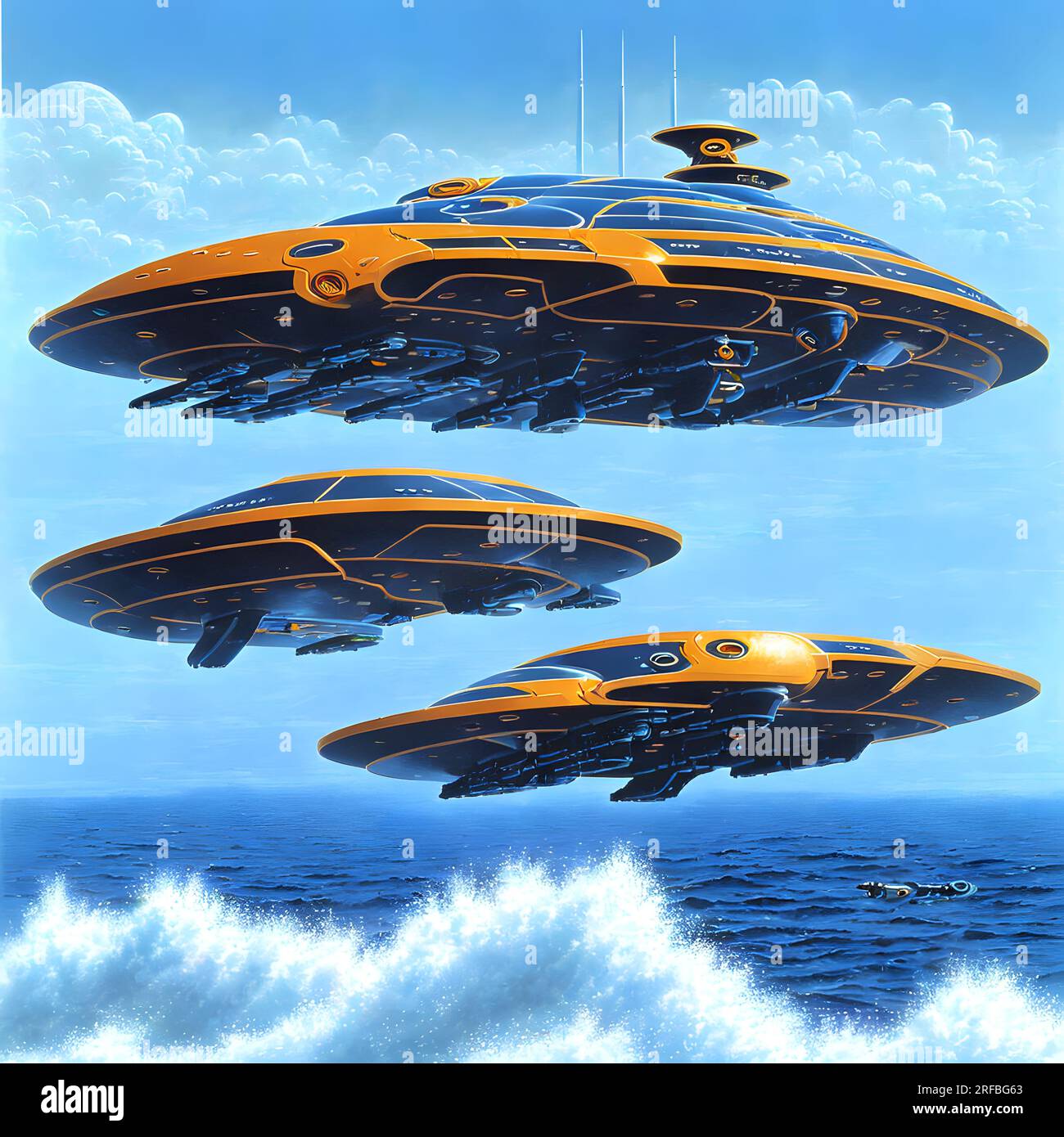 Futuristic spaceships float in the water and fly away Stock Photo - Alamy