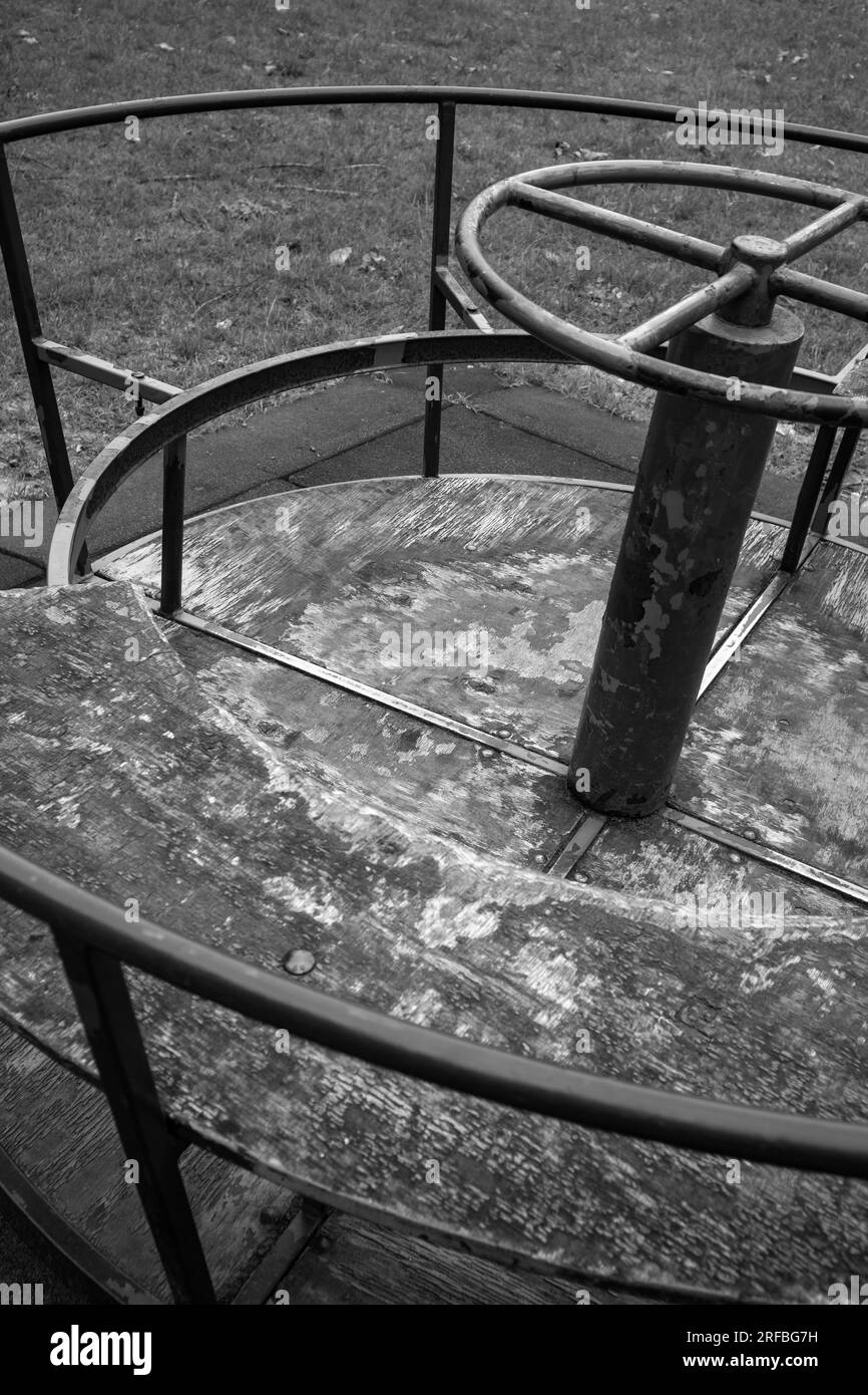Black and white picture of the destroyed carousel Stock Photo - Alamy