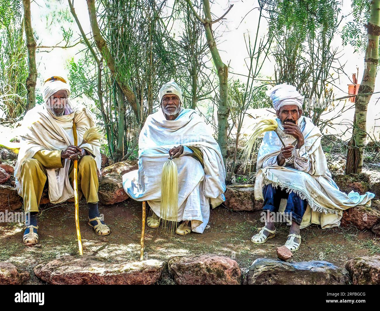 Three men waiting with their fly whisks Stock Photo - Alamy