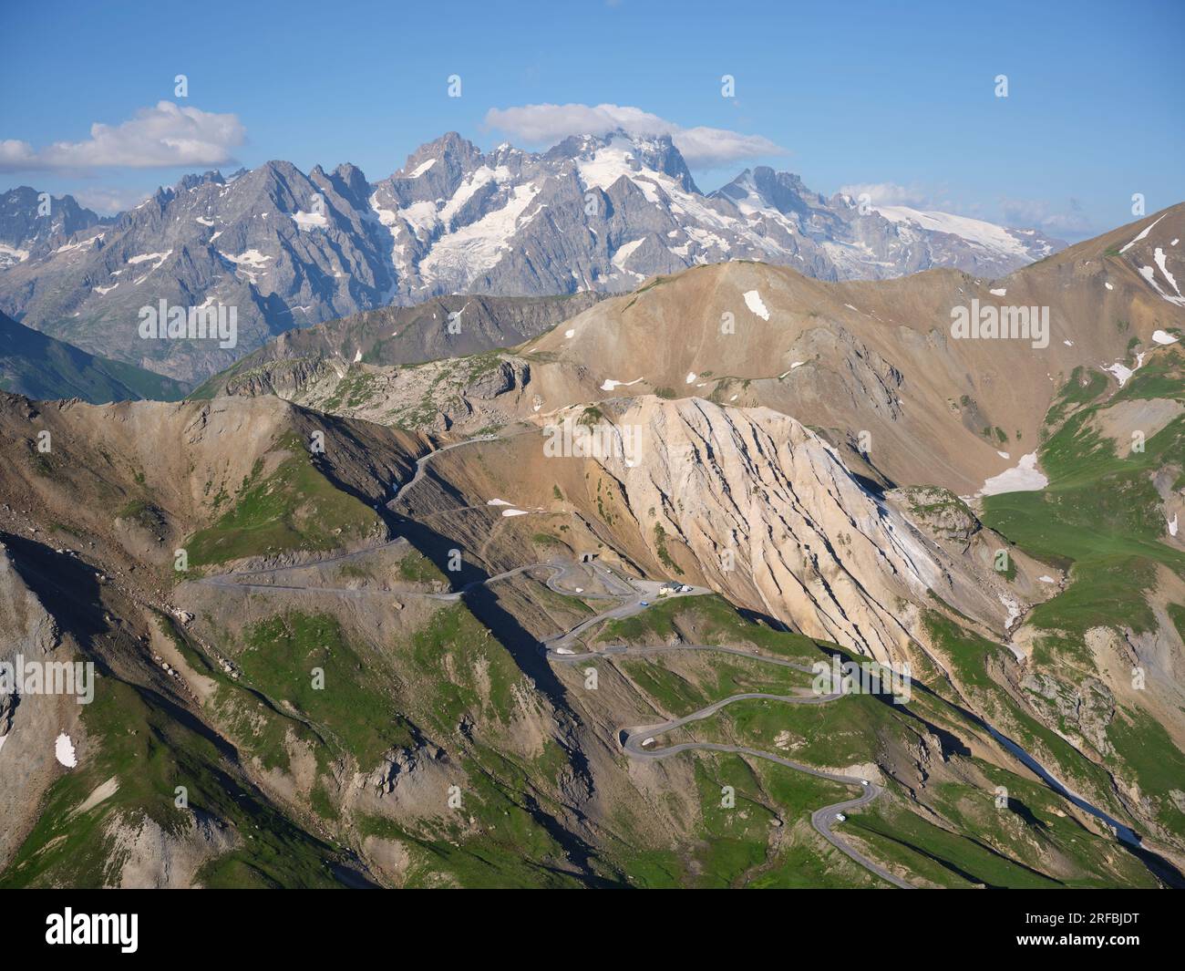 AERIAL VIEW. Col du Galibier (2642m) with the Meije (3984m) for a ...