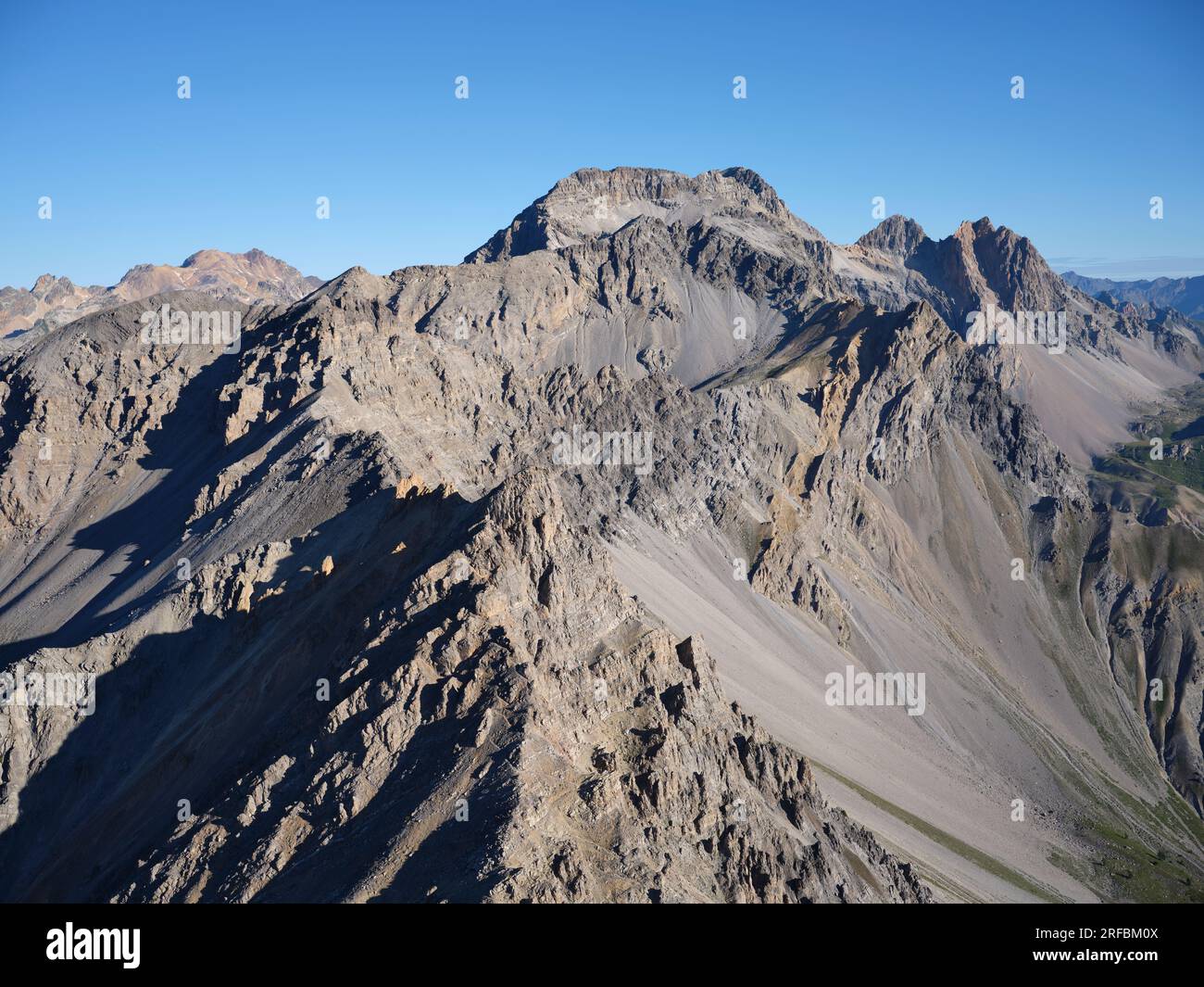 AERIAL VIEW. Italian side (France is left of crest) of Rocca Bernauda ...