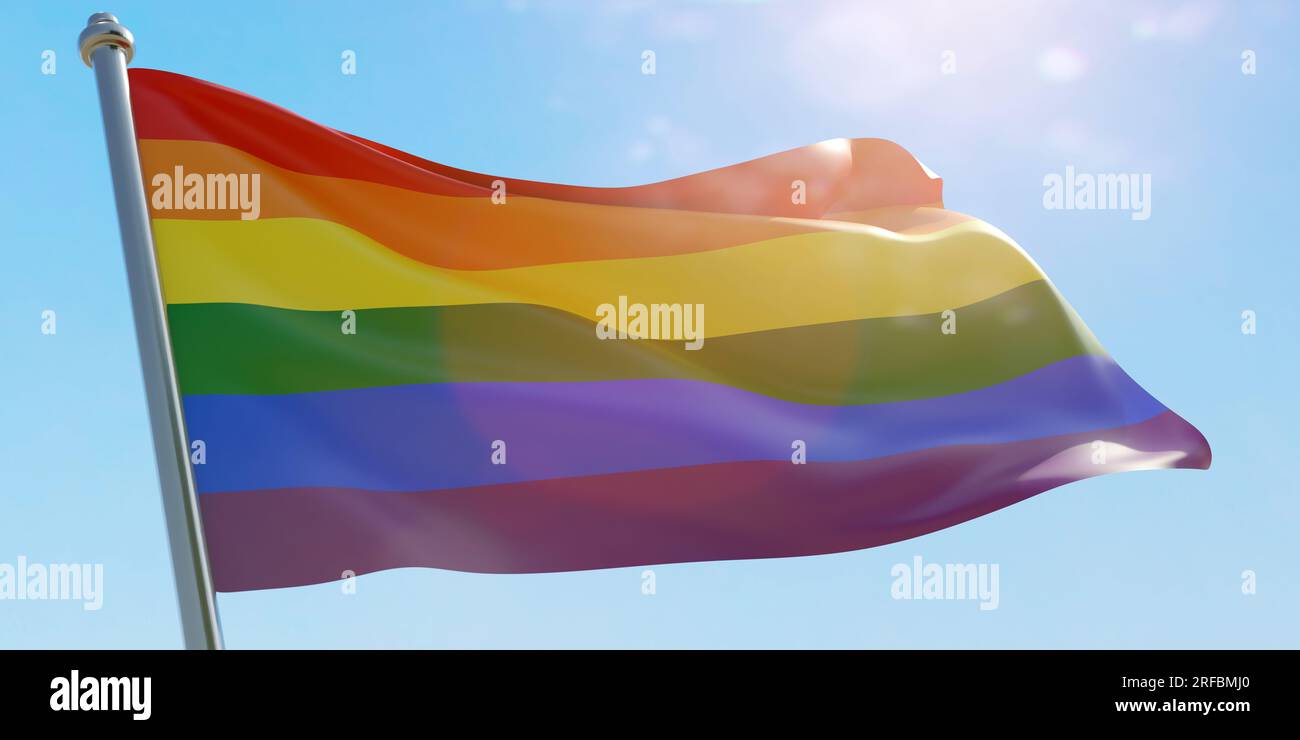 Rainbow color pride flag waving on blue sky background, sunny day. 3d ...