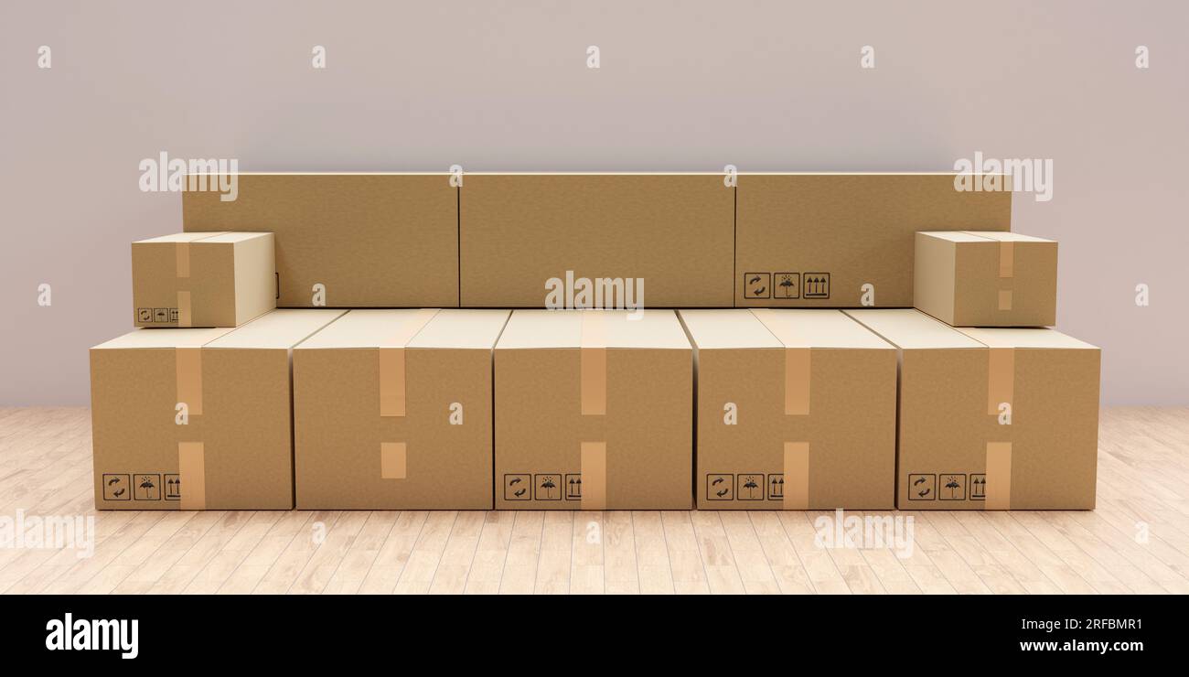 House relocation concept, Moving boxes in sofa shape, front view, 3d ...