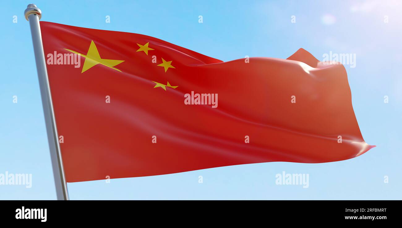 China country flag waving on blue sky background. 3d render Stock Photo ...
