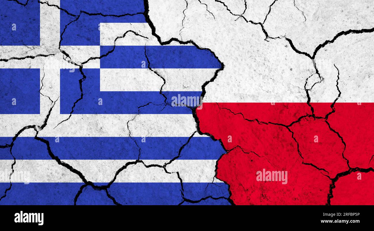Flags of Greece and Poland on cracked surface - politics, relationship ...
