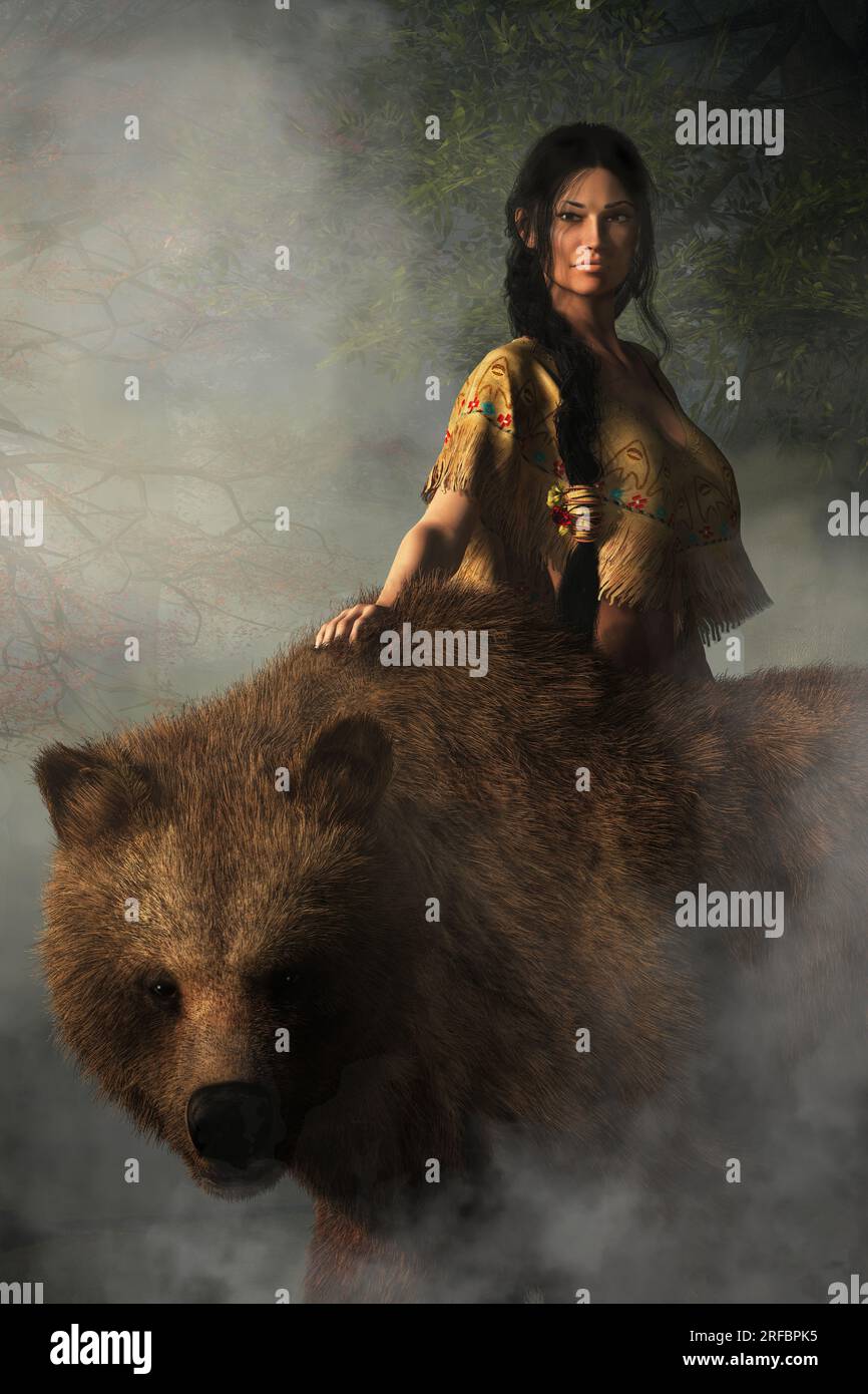 An American Indian woman rests her hand on the back of huge grizzly ...
