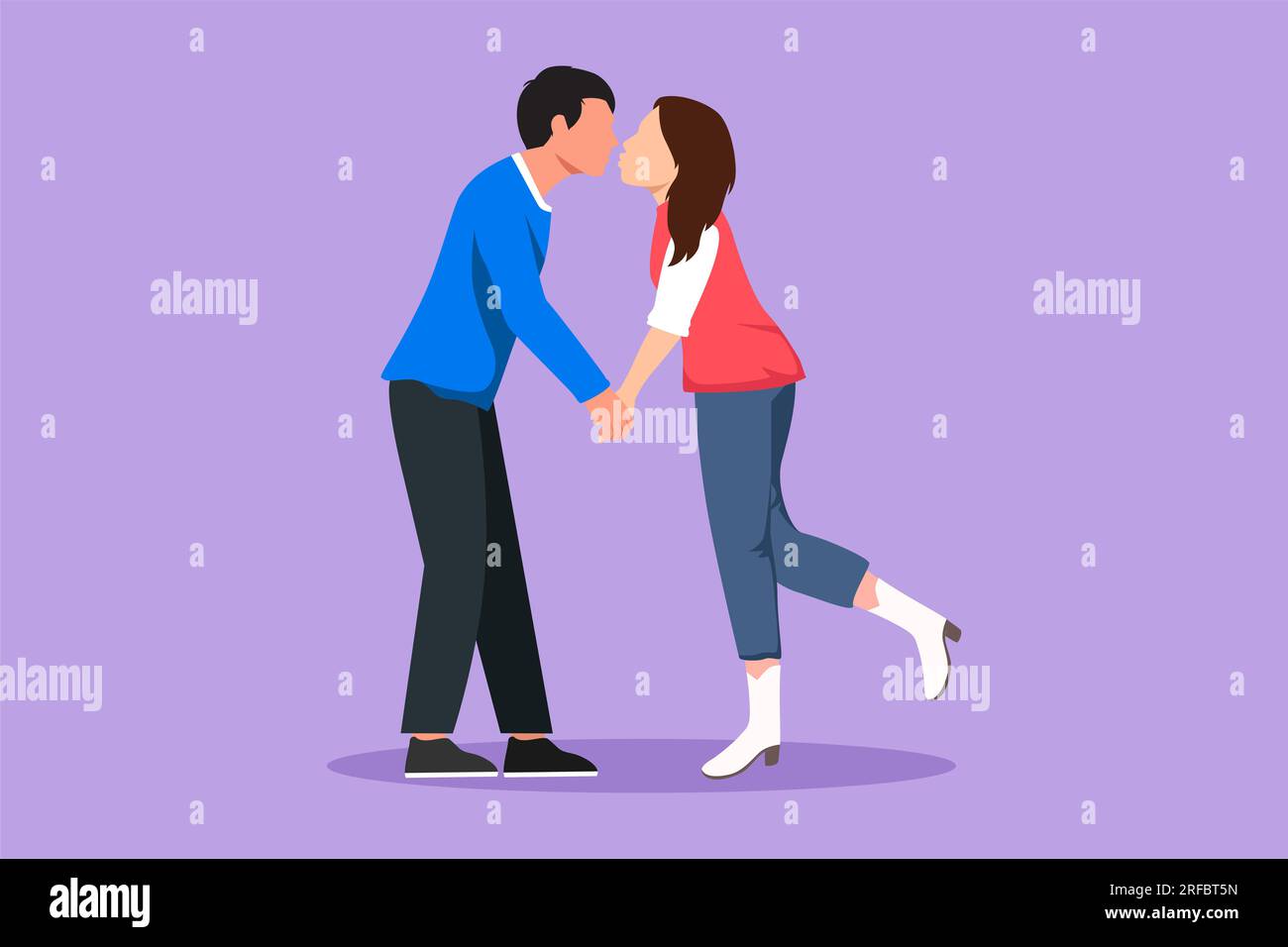 Cartoon flat style drawing romantic of male and female couple with lips locked in kiss. Happy ...