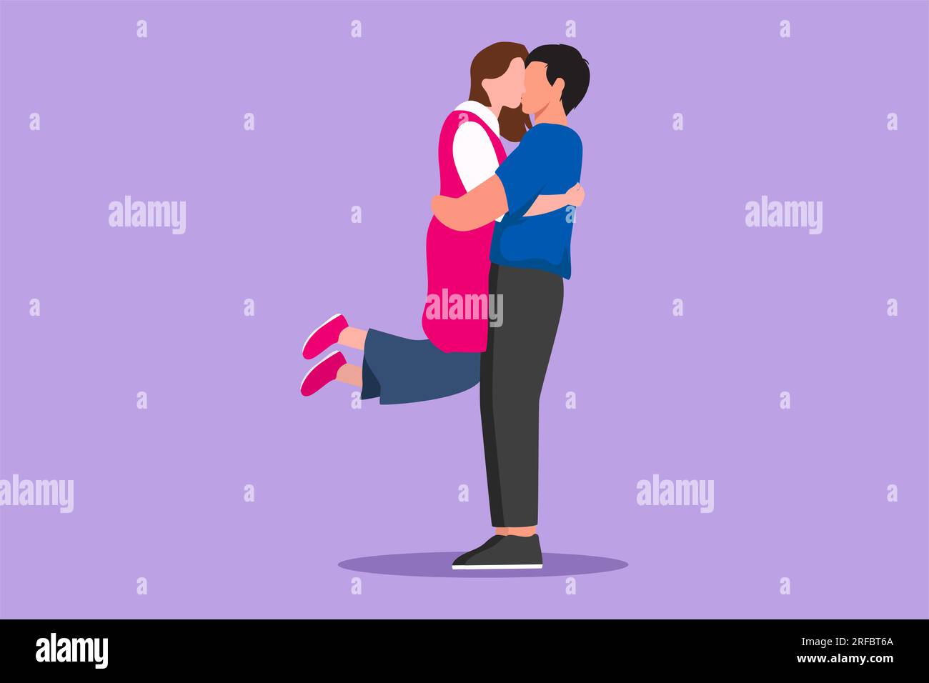 Character Flat Drawing Romantic Couple In Love Kissing And Hugging At