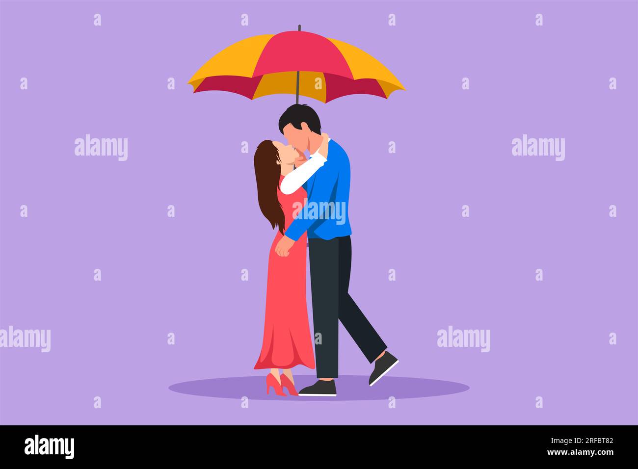Cartoon flat style drawing of man and woman under umbrella stand in rain and kiss each other ...