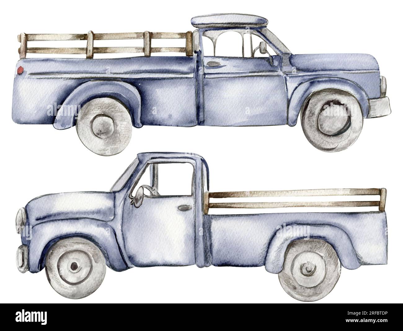 Vintage watercolor blue truck, hand drawn illustration of old retro car ...