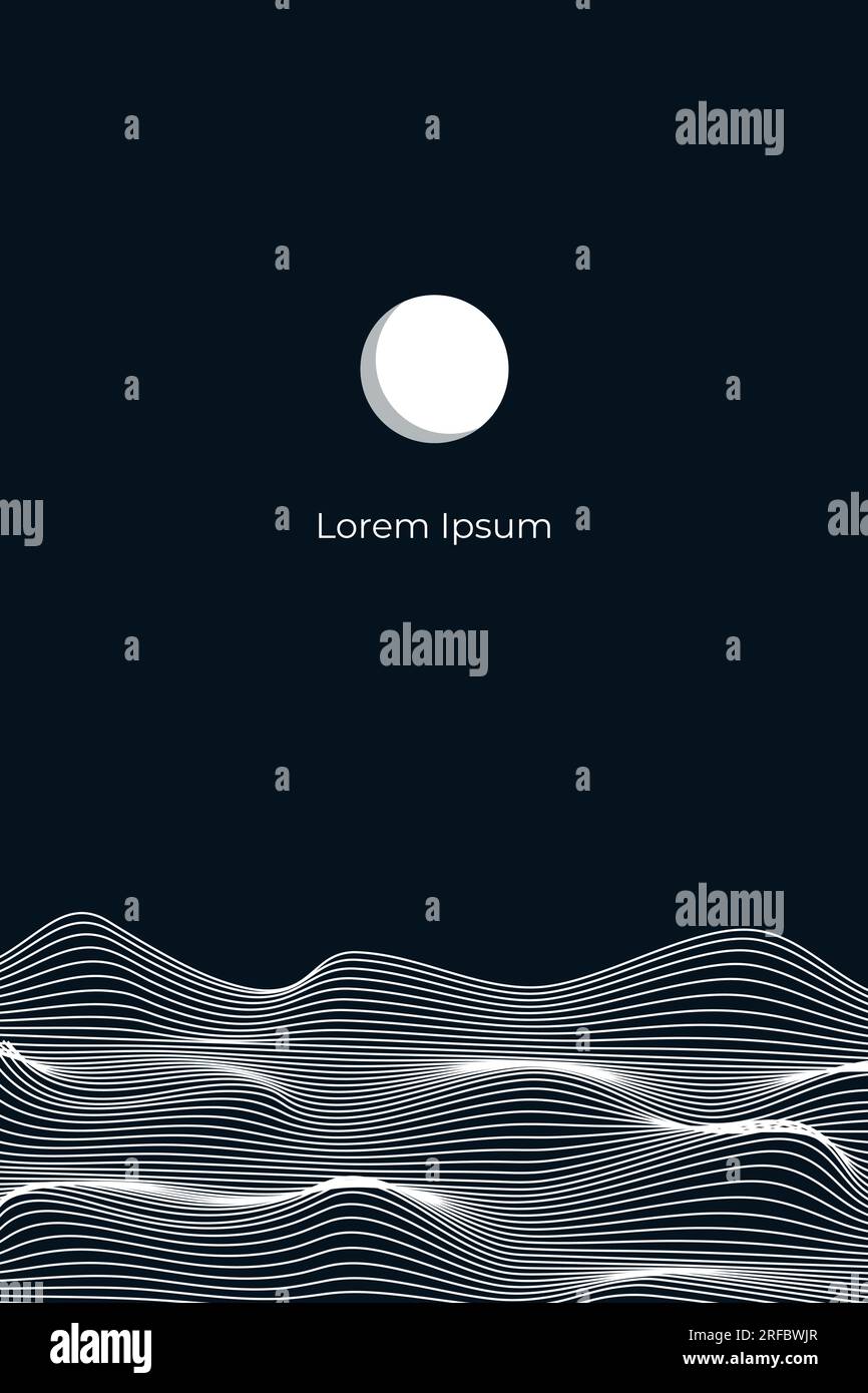 Linear abstract mountains waves on dark background, Moon over wavy ...