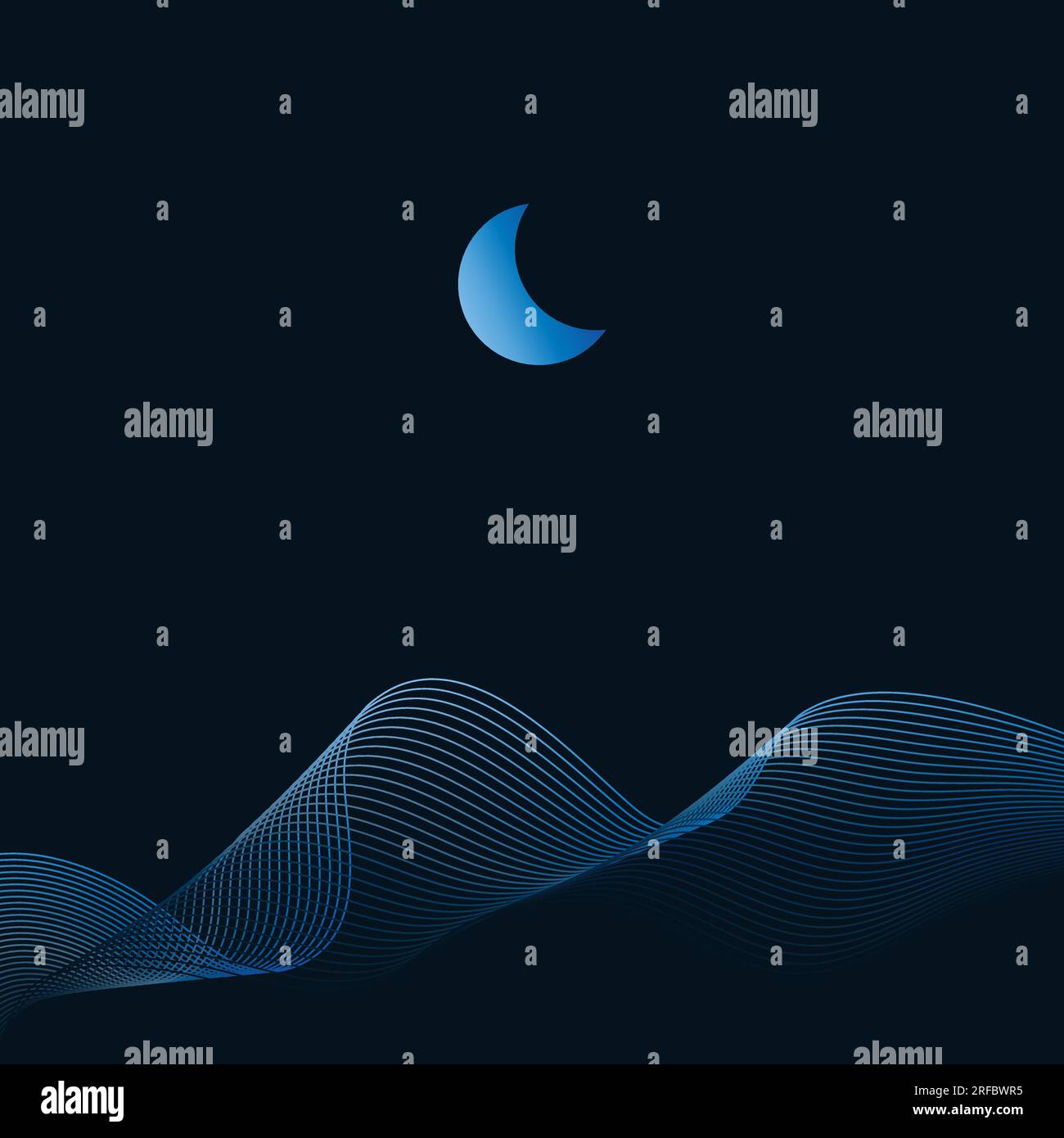 Linear abstract mountains waves on dark background, Moon over wavy ...