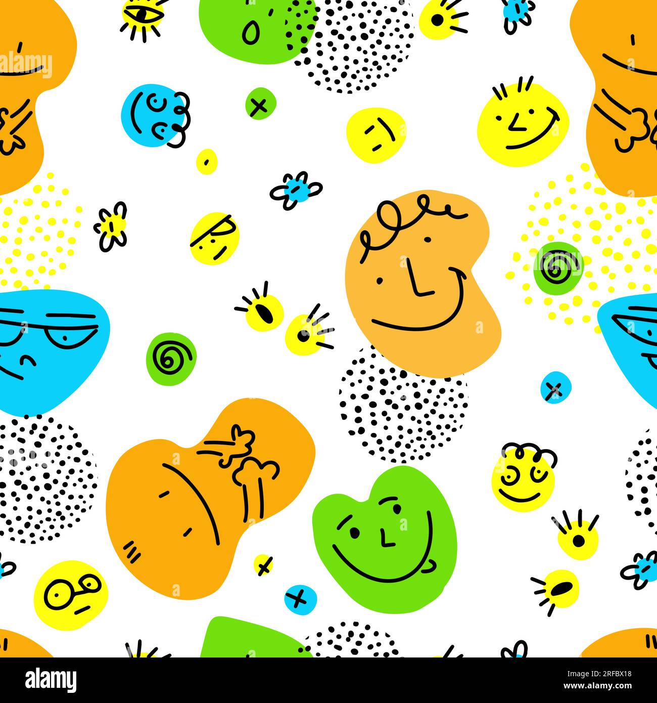 Trendy seamless background. People's faces and graphic elements in a ...