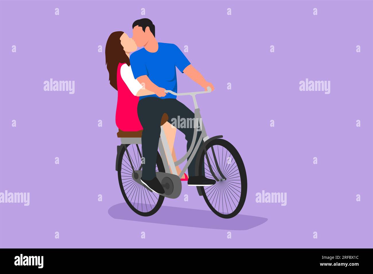 Graphic flat design drawing young loving couple cycling and kissing ...