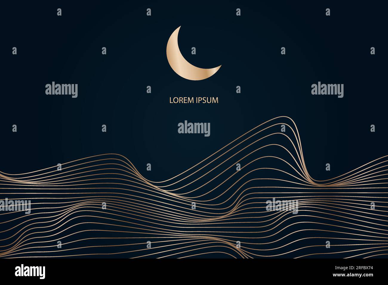 Golden linear abstract mountains on dark background, Moon over wavy ...
