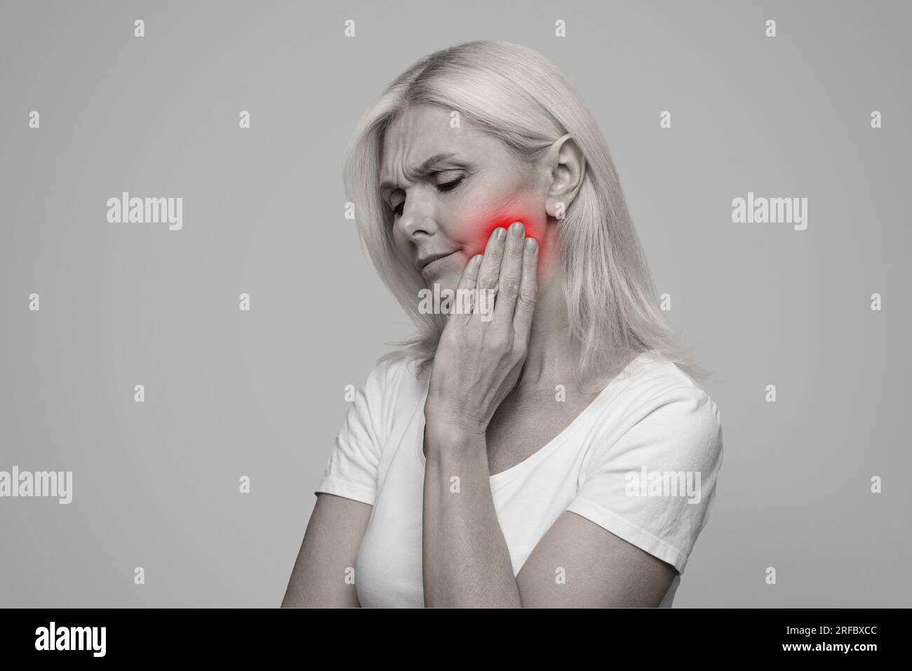 Teeth Problem. Mature Woman Suffering Acute Toothache, Massaging Aching ...