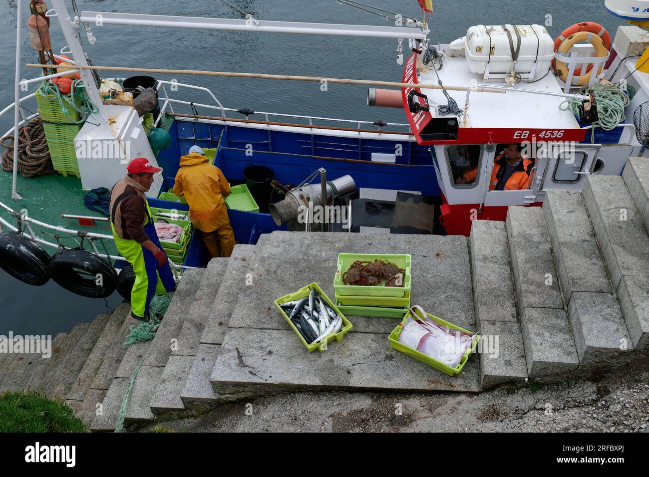 fishermen landing their small catch from an inshore fishing boat ...