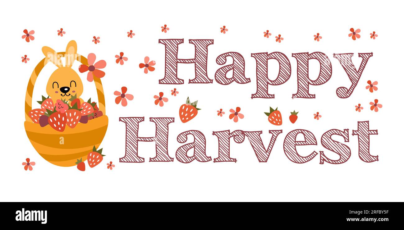 Happy Harvest poster. Hand drawn lettering with bunny, berries, flowers ...