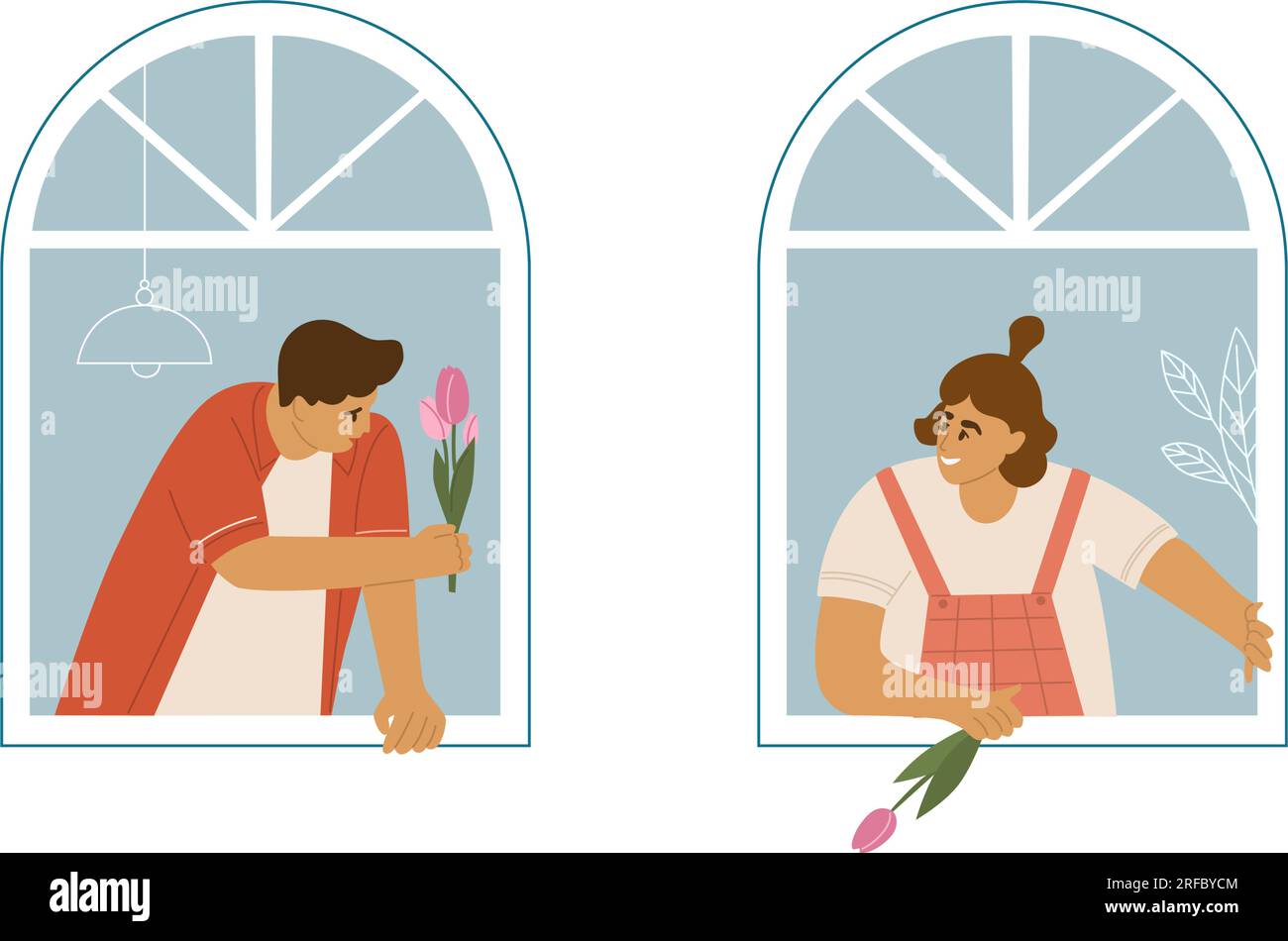 Neighborhood windows flat style vector illustration. Young woman and ...