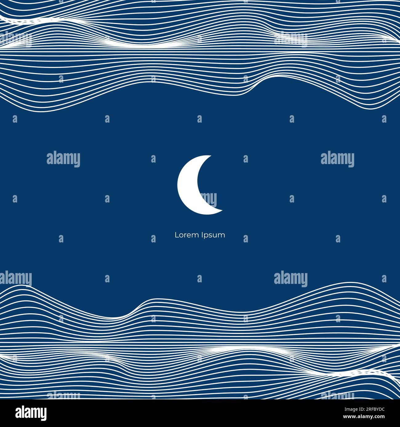 Linear abstract mountains waves on blue background, Moon over wavy ...