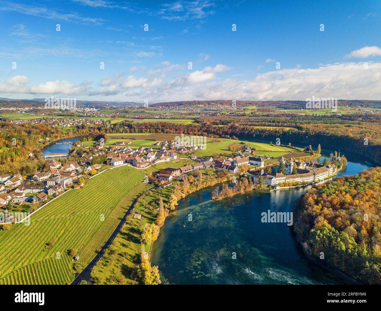 Drone image of Rhine sinuosity at Rheinau with the Catholic Abbey Islet ...