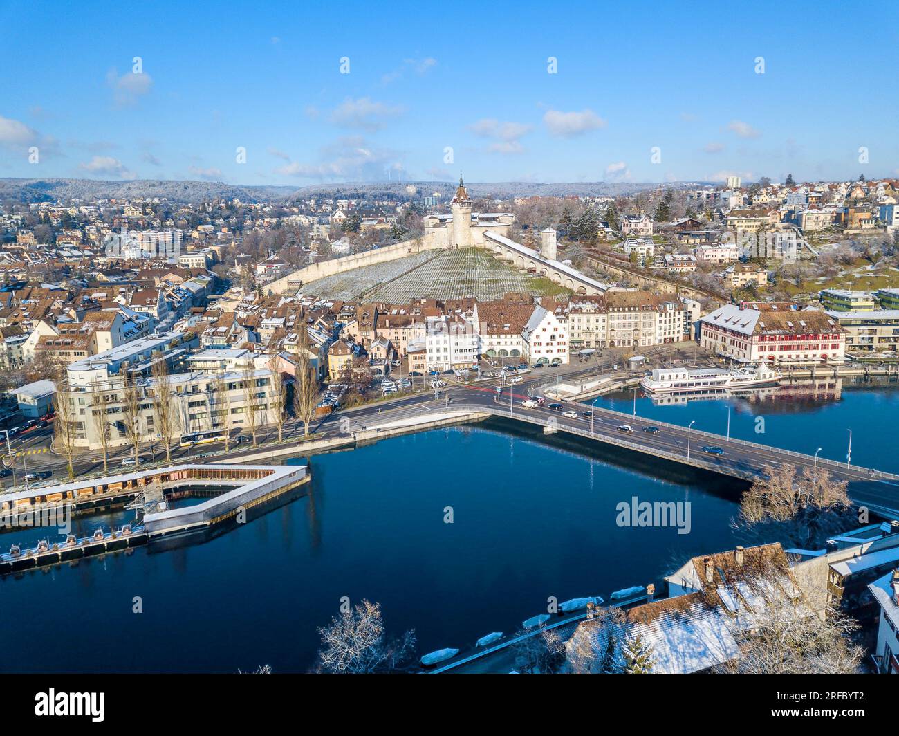 Aerial view of the Swiss old town Schaffhausen in winter, with the ...