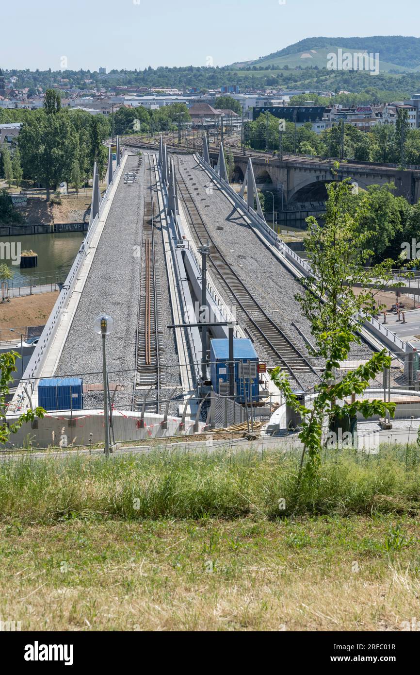 building site of new railway bridge over Neckar river; shot in bright summer light at Stuttgart ...