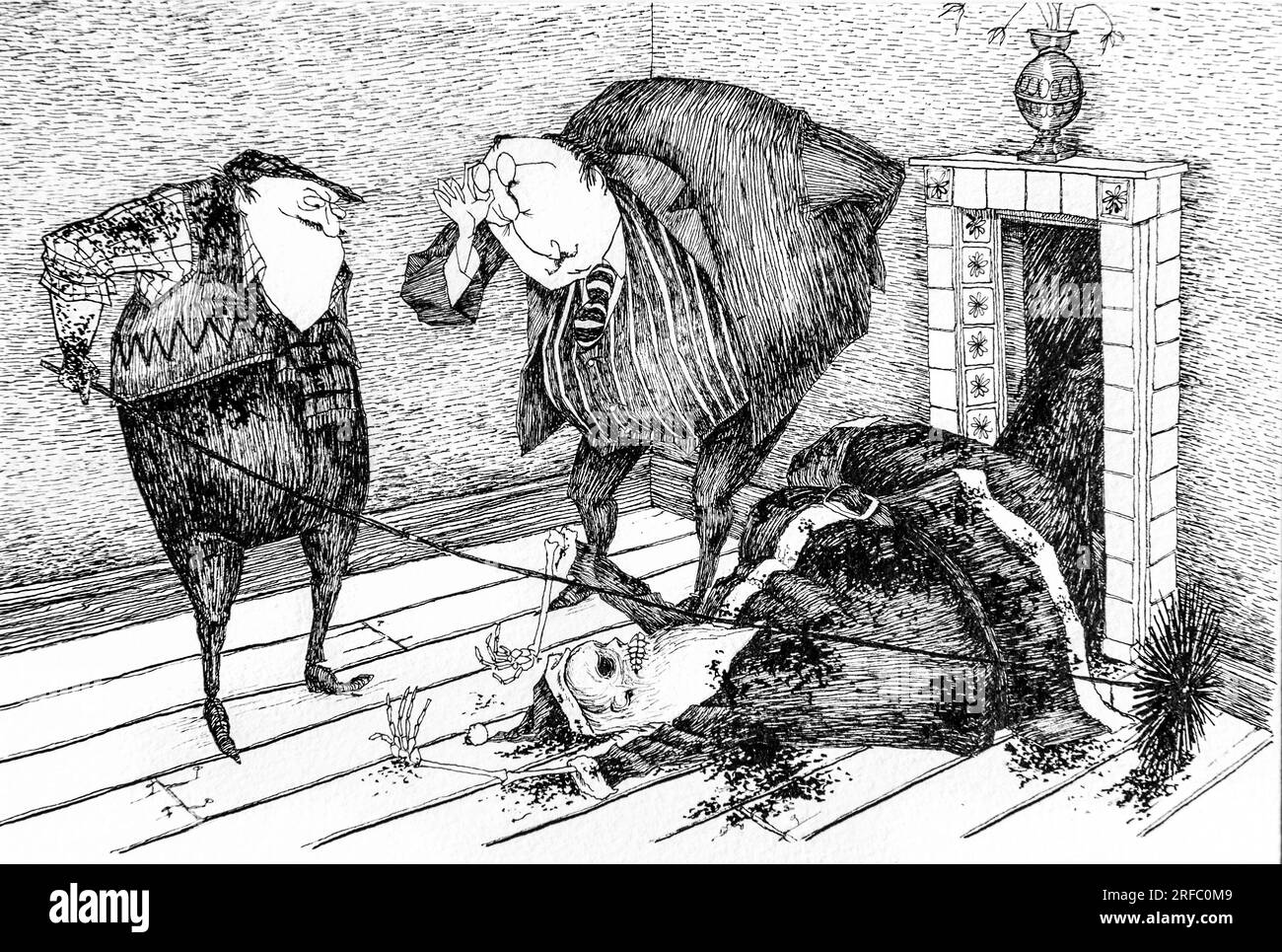 Humorous black and white pen and ink drawing of chimney sweep finding ...