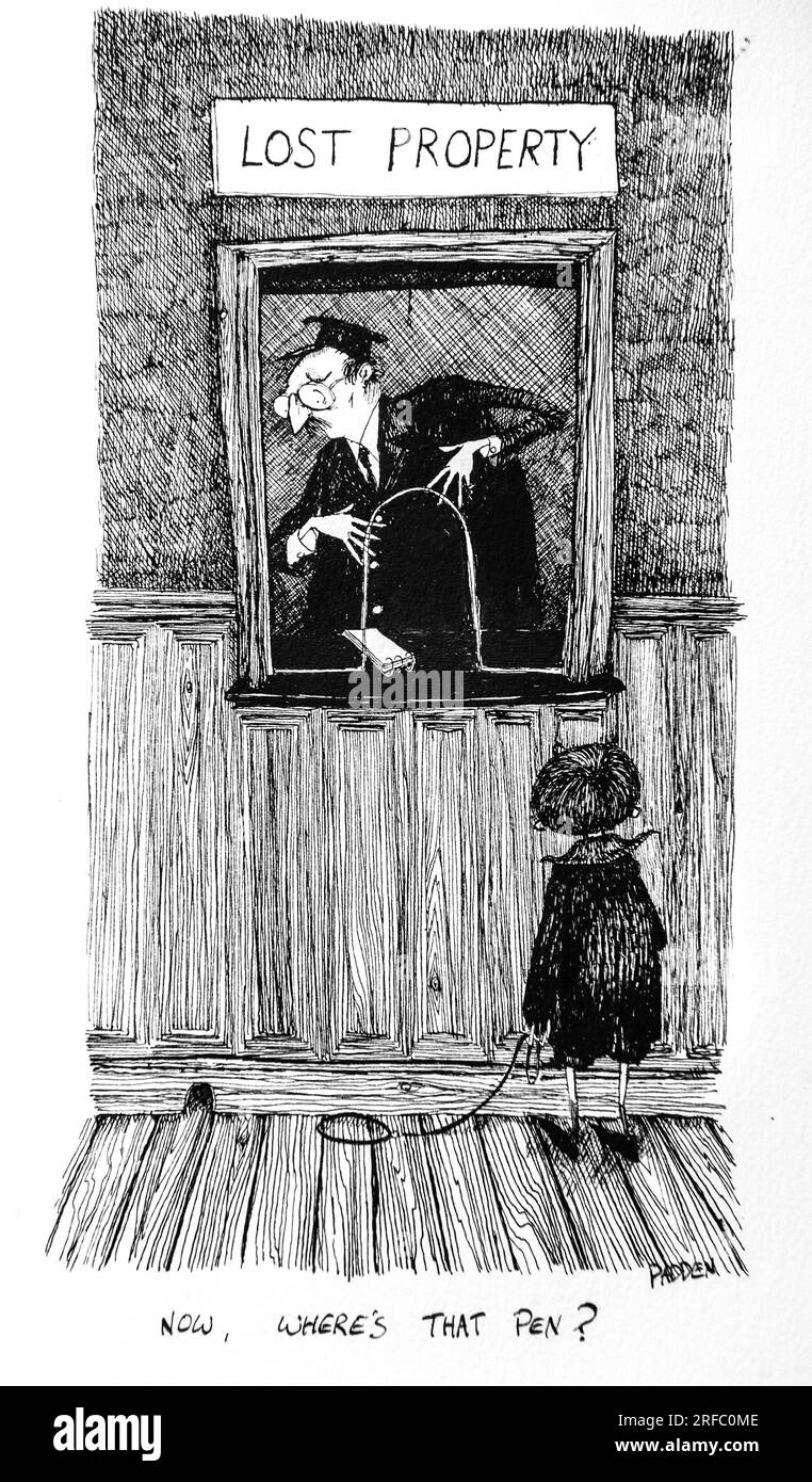 Humorous black and white pen and ink drawing of Lost Property office, a ...