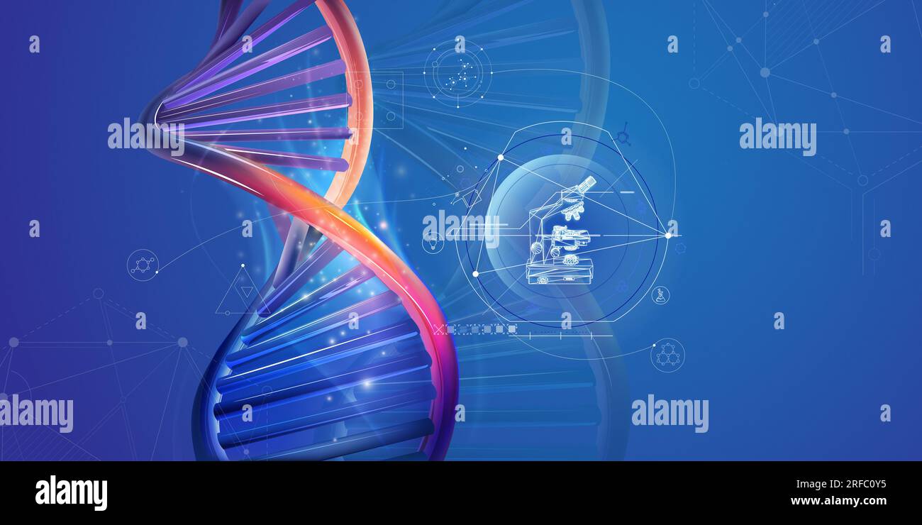 DNA double helix and infographics with microscope Stock Photo - Alamy