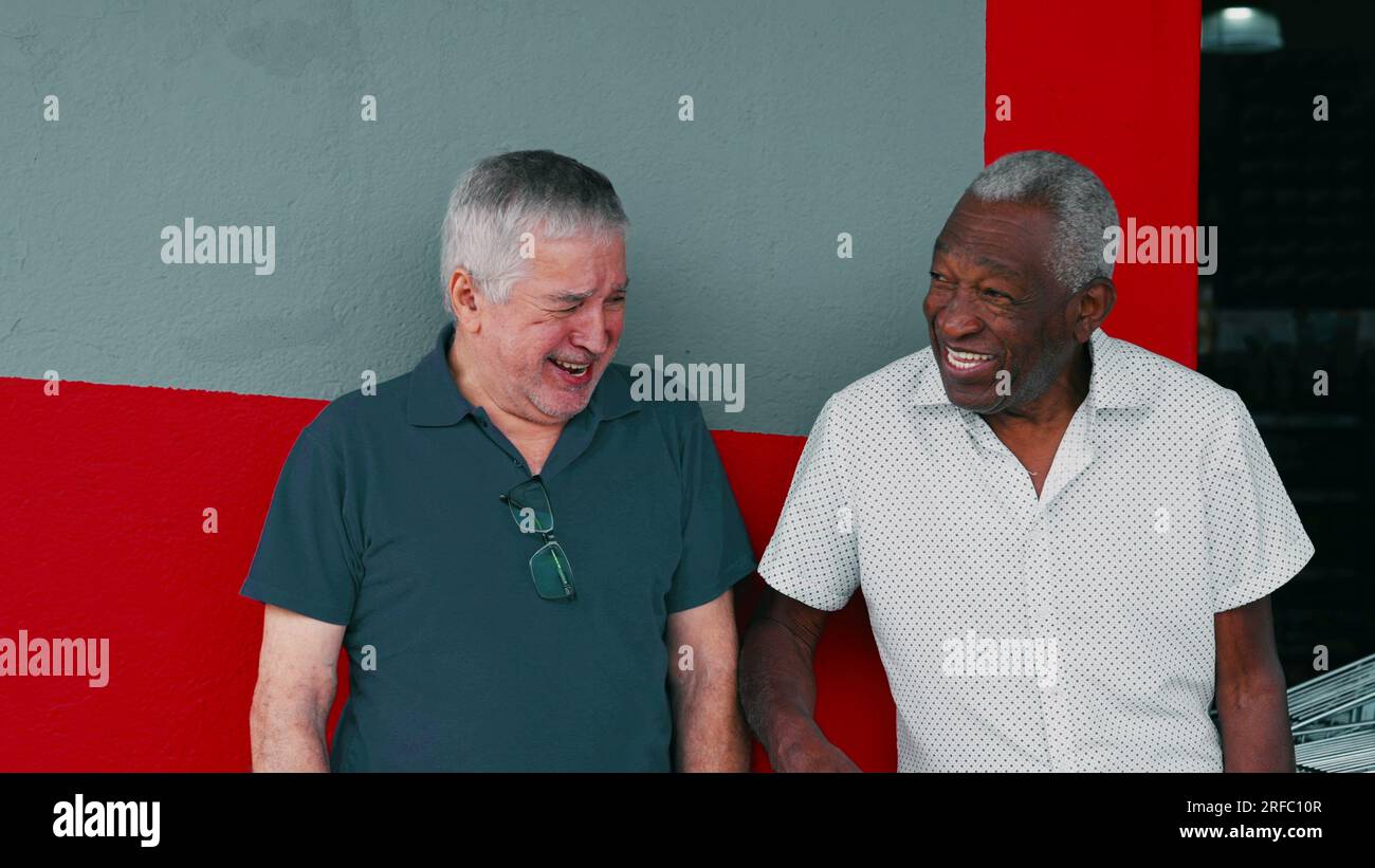 Joyful Interaction of Two Diverse Male Senior Friends, Smiling and ...