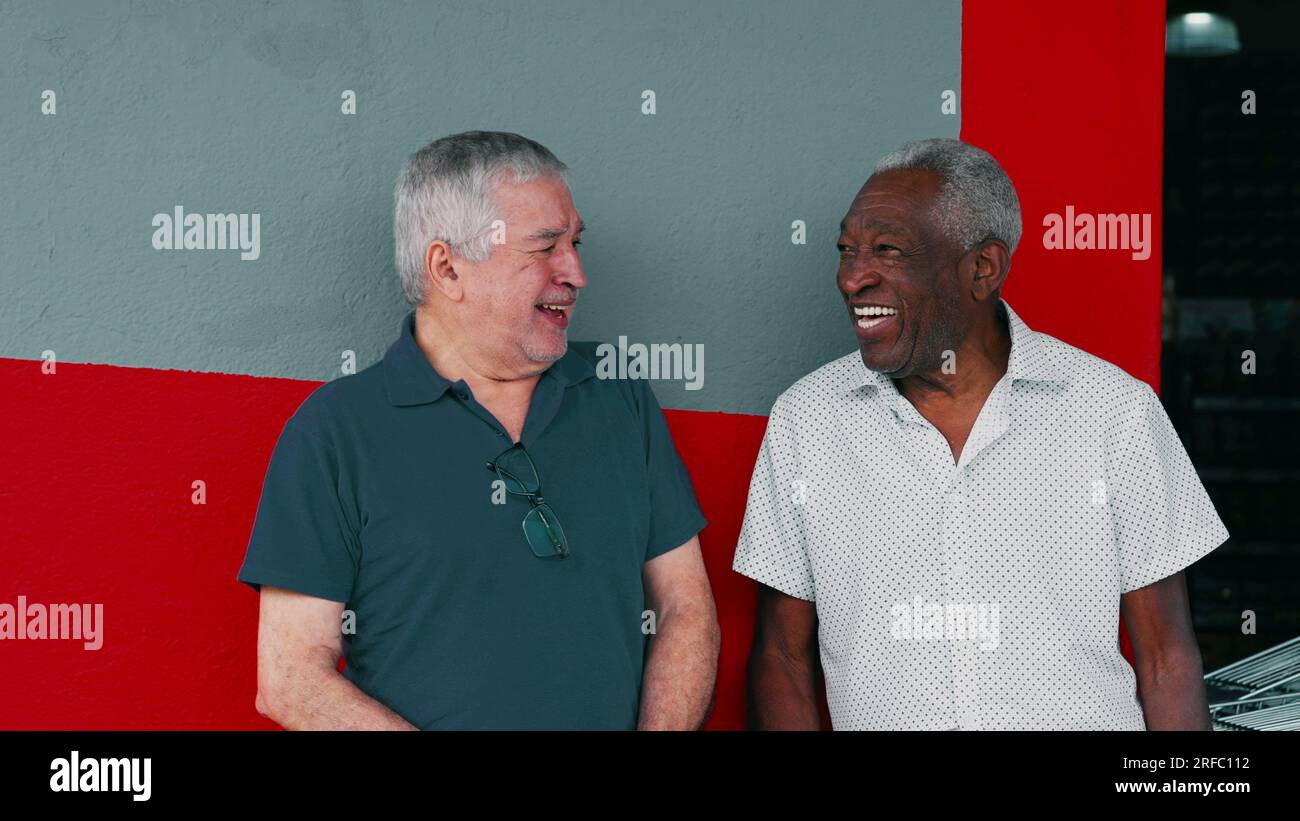 Joyful Interaction of Two Diverse Male Senior Friends, Smiling and ...