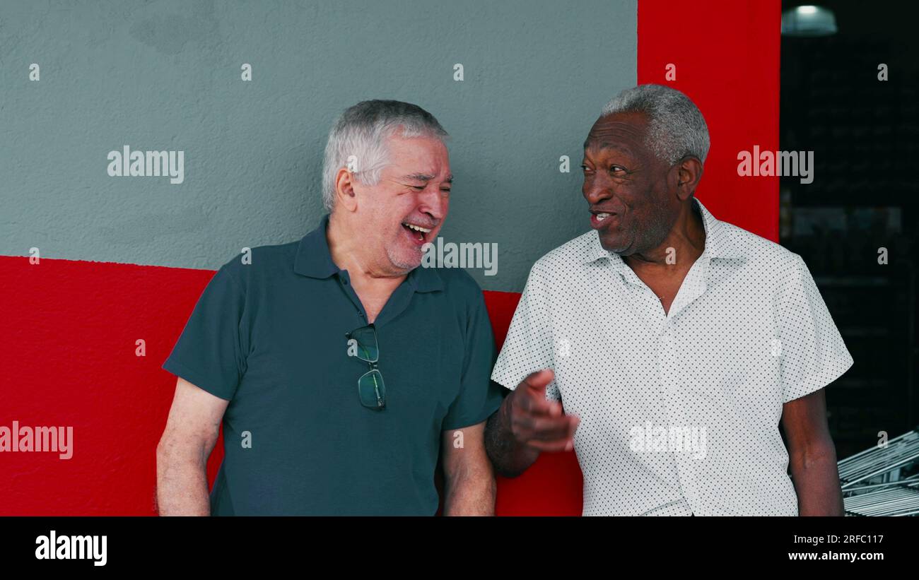 Joyful Interaction of Two Diverse Male Senior Friends, Smiling and ...