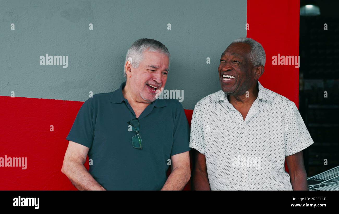 Joyful Interaction of Two Diverse Male Senior Friends, Smiling and ...